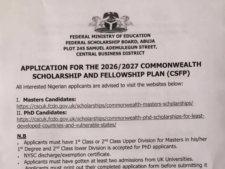 FG Opens Applications for 2026/2027 Commonwealth Scholarships